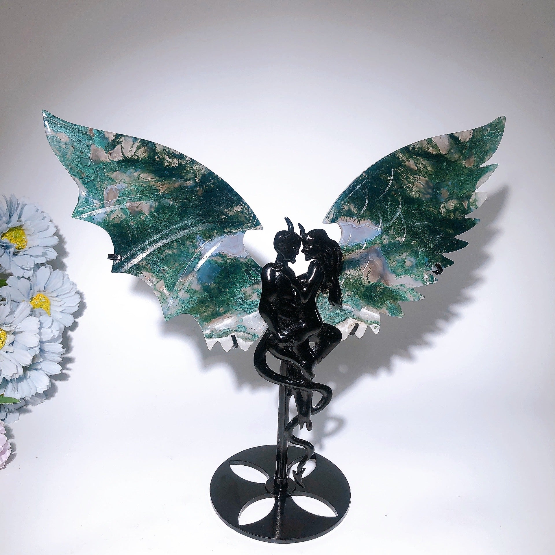 Moss Agate Devil Couple Wings with Stand Crystal Healing Bulk Wholesal