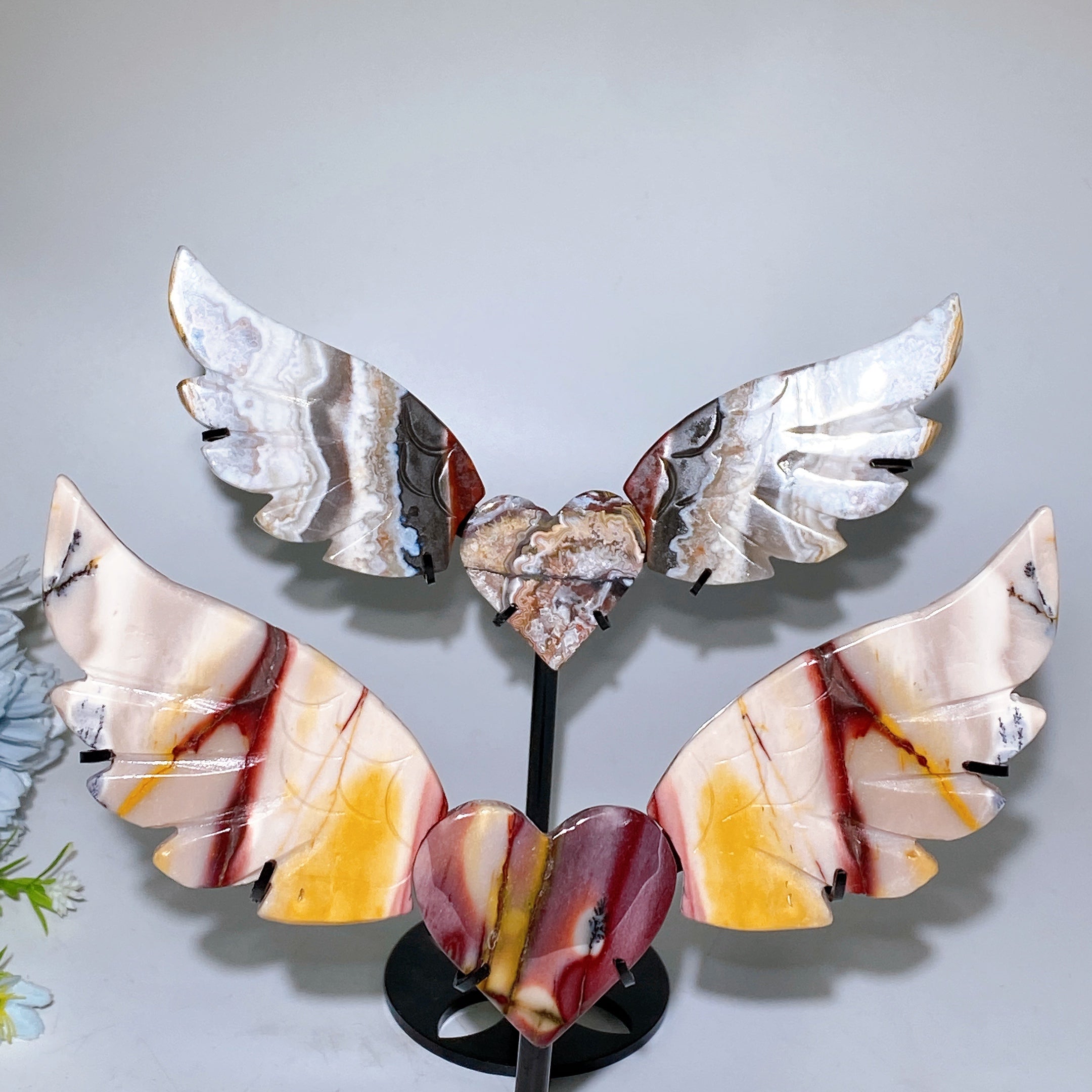 Mookite Mexican Onyx Wings Heart Carving with Stand Crystal Healing Bu