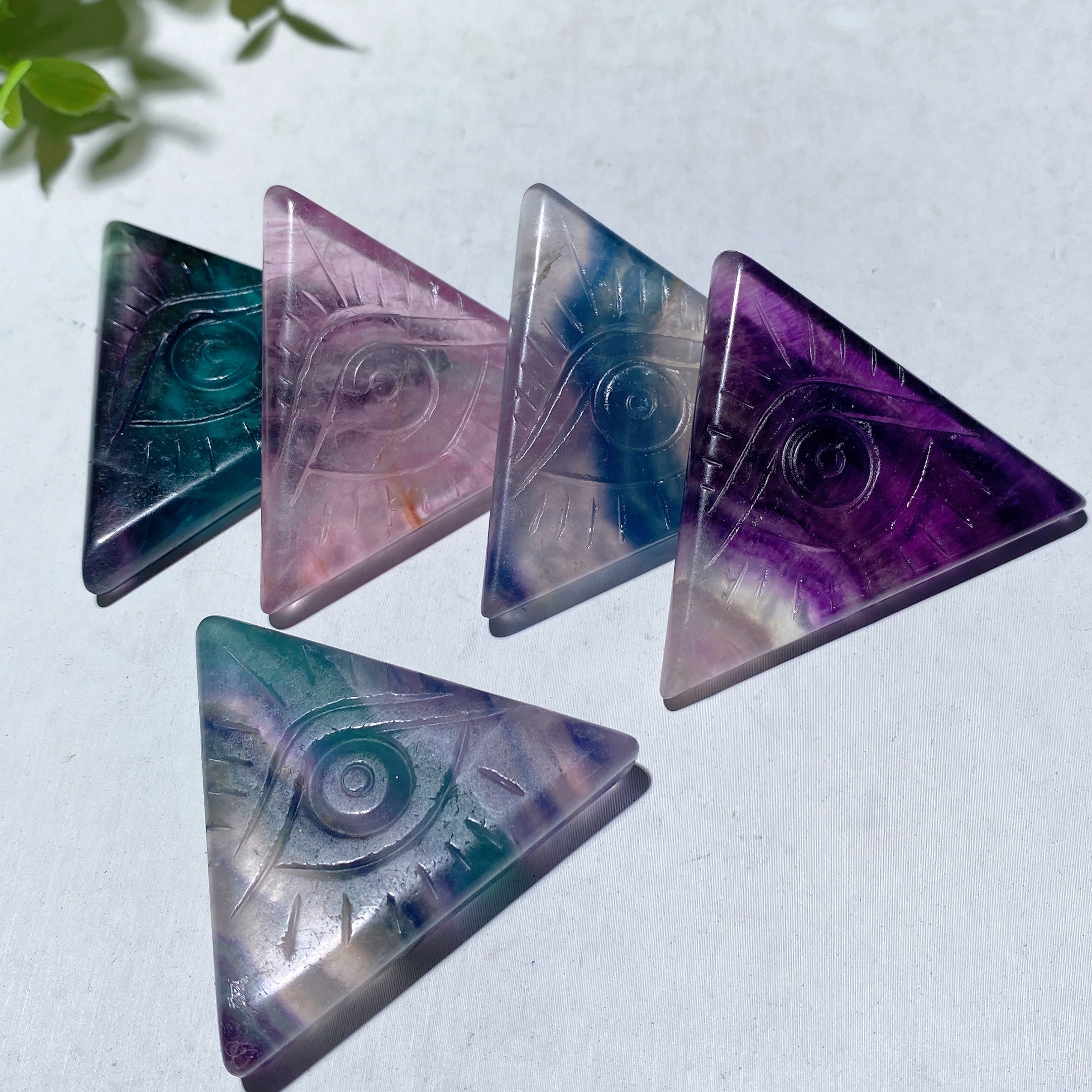 1.6" Fluorite Triangle Slab with Horu's Eye Carvings Crystal Healing B