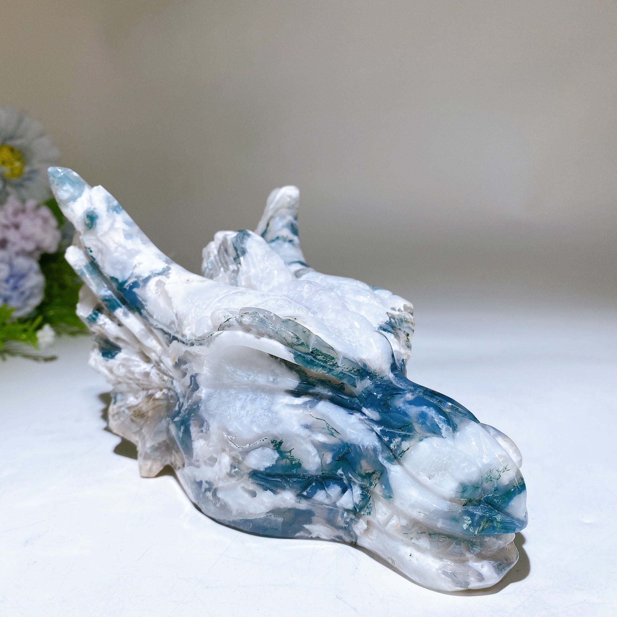 16cm Druzy Moss Agate Dragon Head Carving Crystal Healing Bulk Wholesa