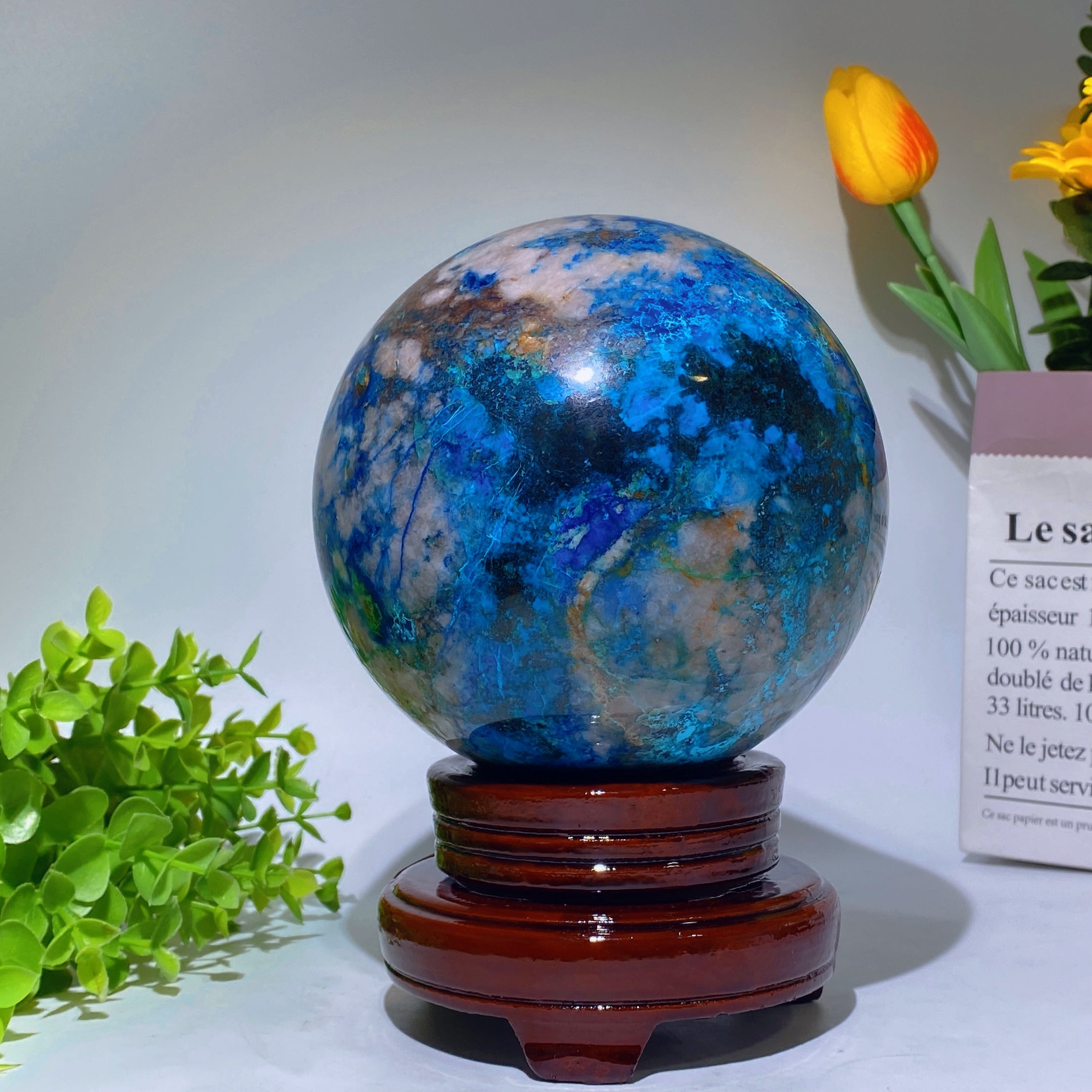 13.5cm Large Unique Chrysocolla Sphere with Stand Crystal Healing